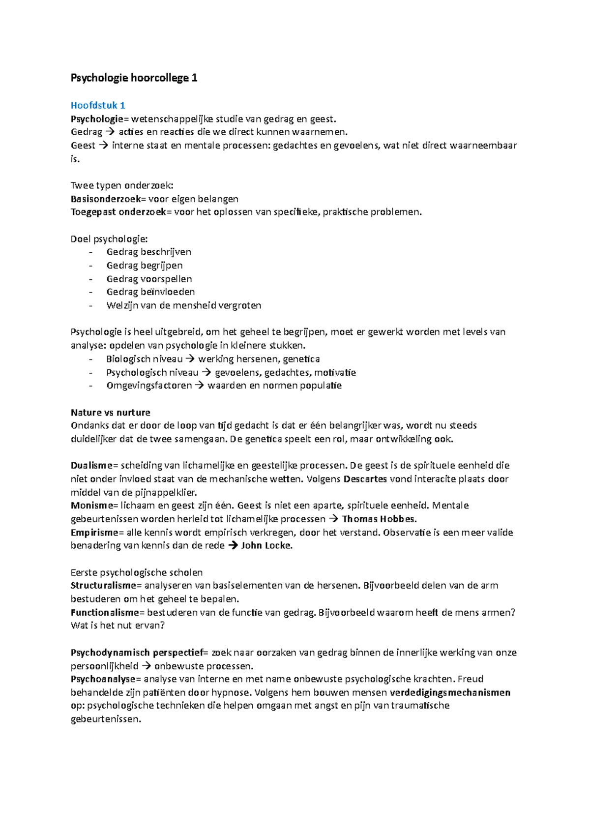 Hc1 Aantekeningen Psychologie Hoorcollege 1 Hoofdstuk 1 Psychologie