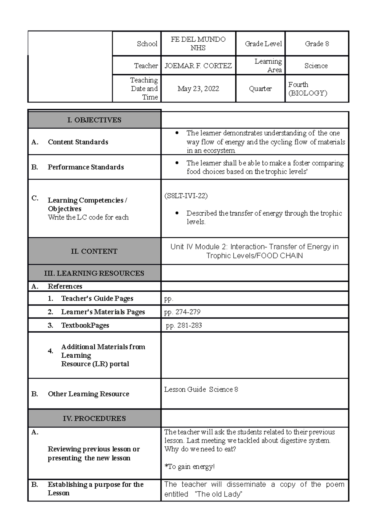 Lesson plan in Science 8- Transfer of energy - School FE DEL MUNDO NHS ...