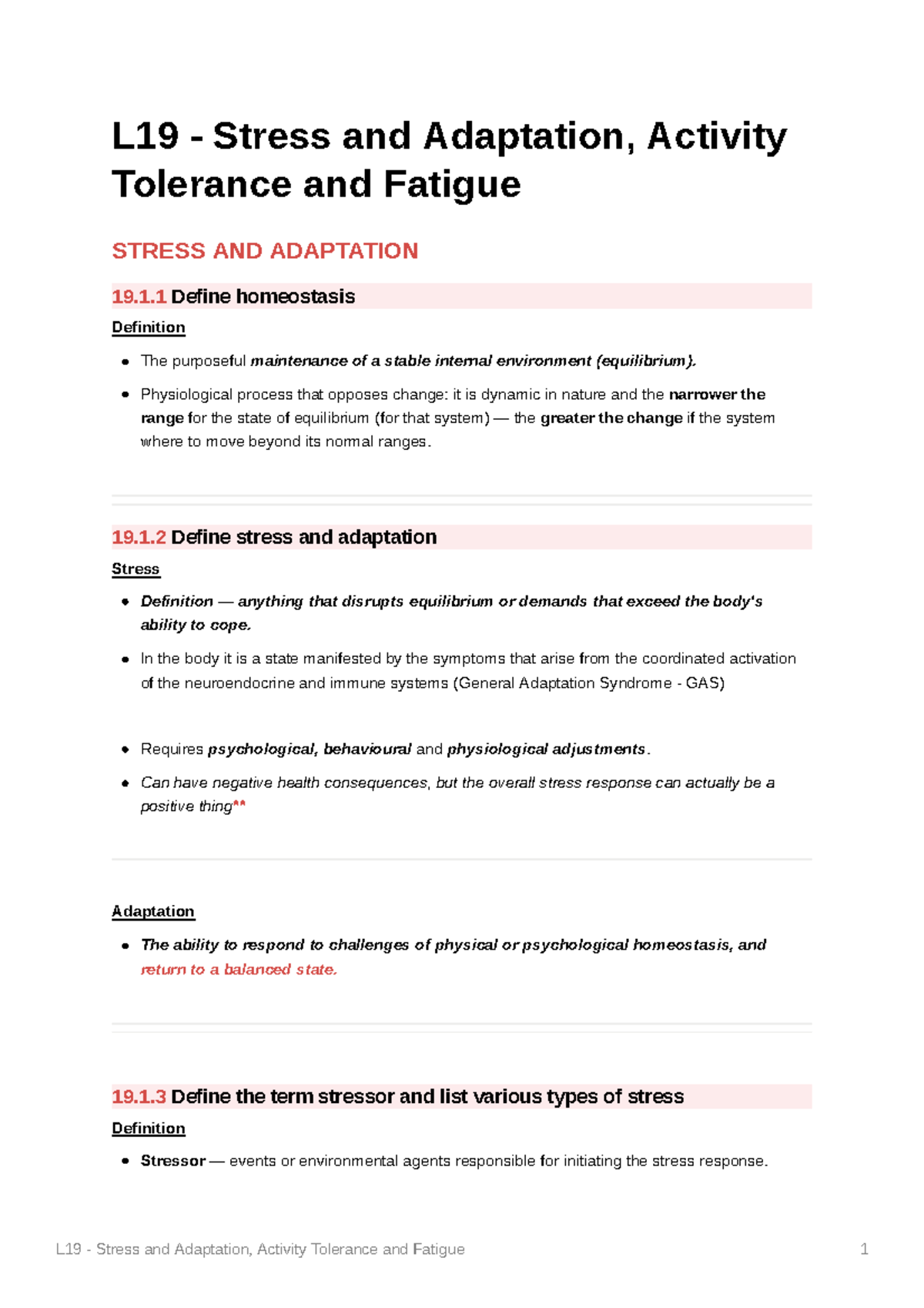 Stress and Adaptation Activity Tolerance and Fatigue - L19 - Stress and ...