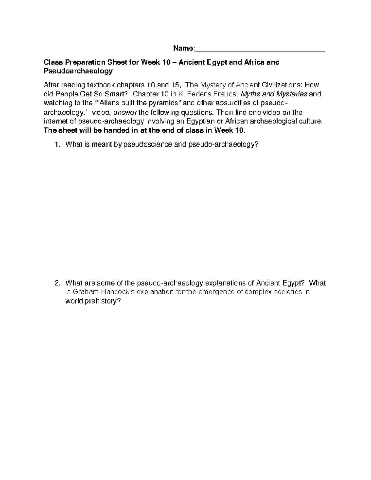 ANTH 1101 Week 10 Class Preparation Sheet - Ancient Egypt, Africa and ...