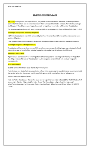 Obligation with Penal Clause - NEW ERA UNIVERSITY OBLIGATION WITH A ...
