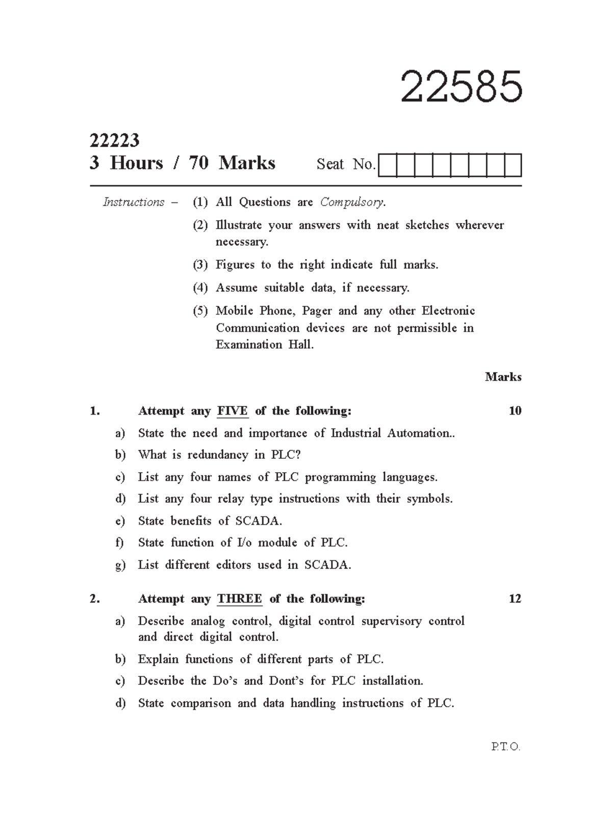 22585 Summer 23 pdf - Question paper - P.T. Instructions – (1) All ...