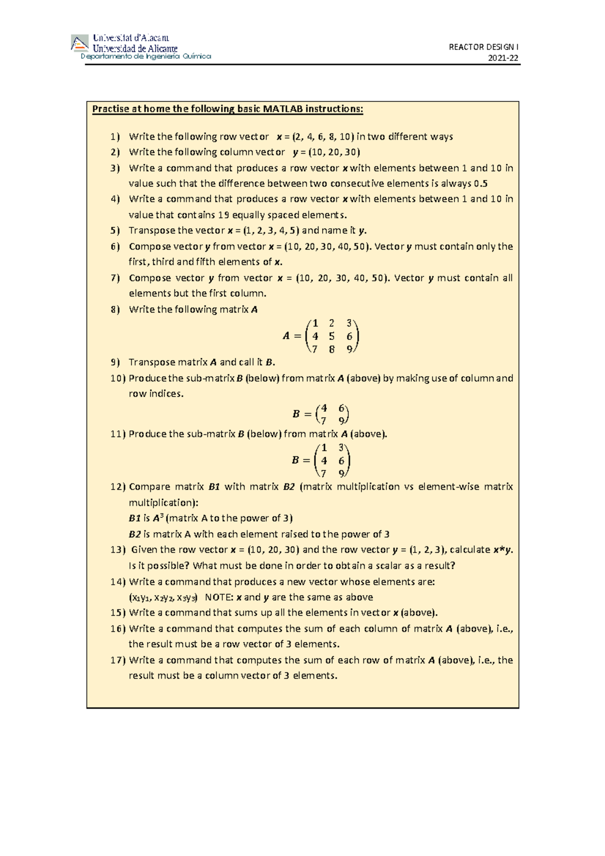 RDI computer practise Matlab operations 2021-22 - REACTOR DESIGN I 2021 ...