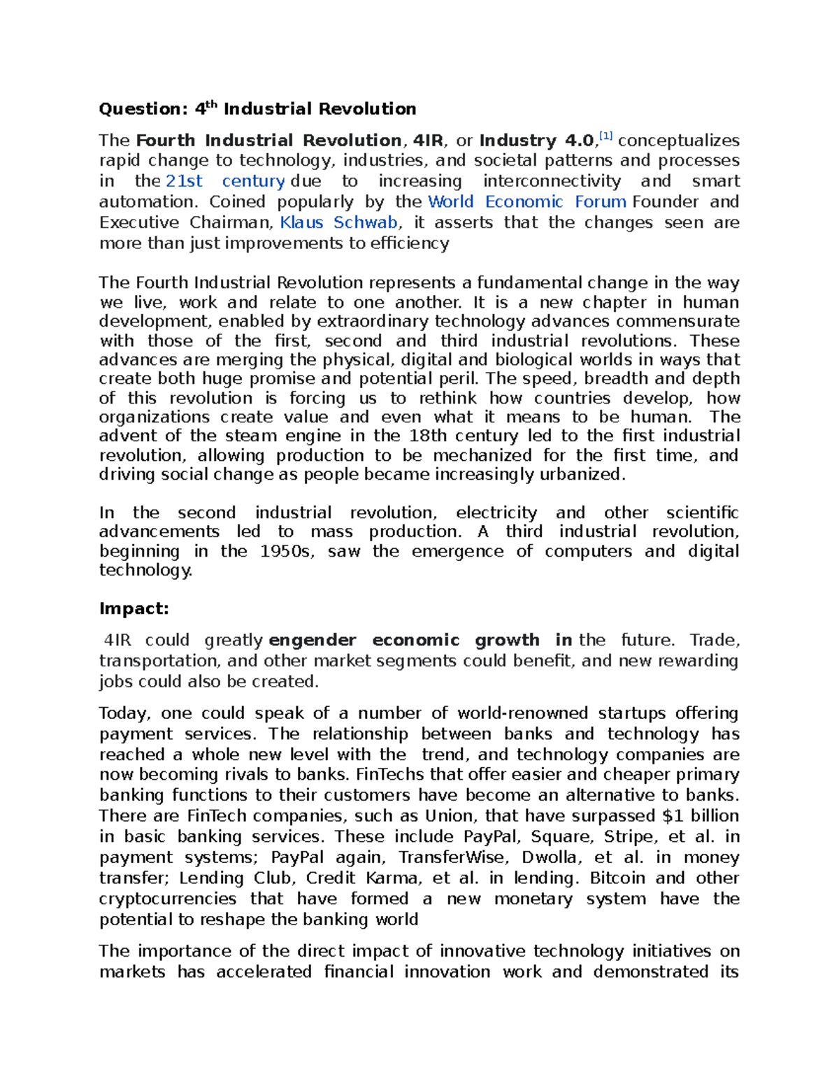 Sif Final - Question: 4th Industrial Revolution The Fourth Industrial ...