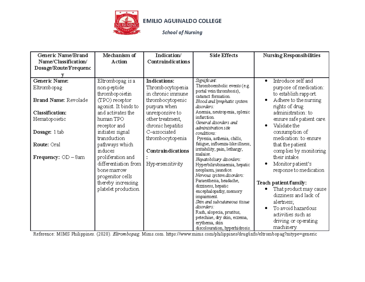 Drug Study Day1 - EMILIO AGUINALDO COLLEGE School of Nursing Generic ...