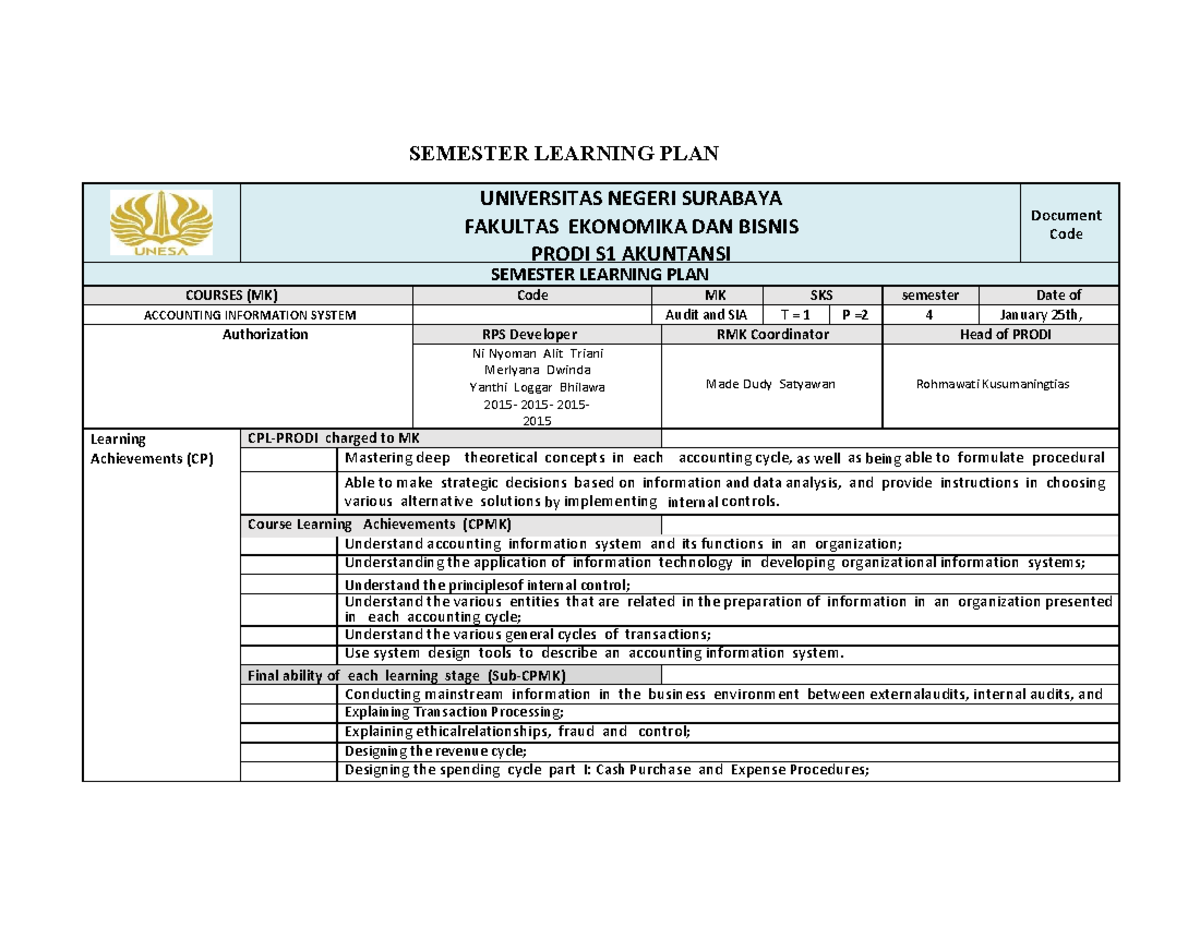 0 RPS SIA (Internasional) 230209 080631 - SEMESTER LEARNING PLAN UNIVERSITAS NEGERI SURABAYA ...