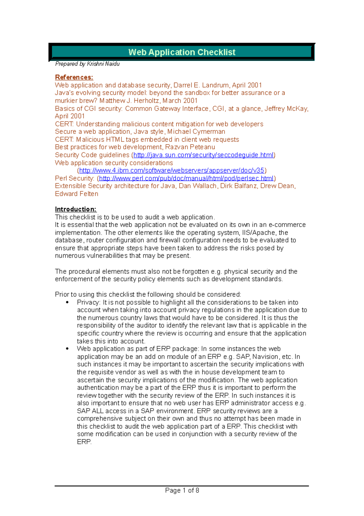 Web Application Checklist - Web Application Checklist Prepared by ...