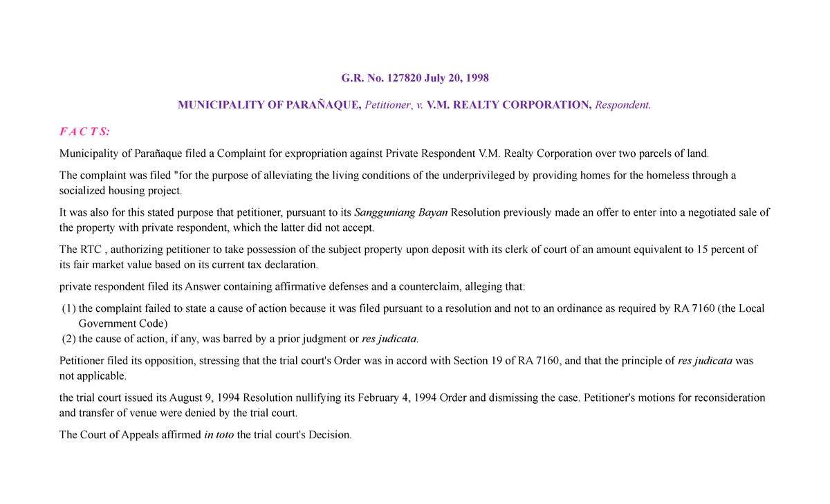 Municipality OF Paranaque vs. V.M. Realty Corporation - G. No. 127820 ...