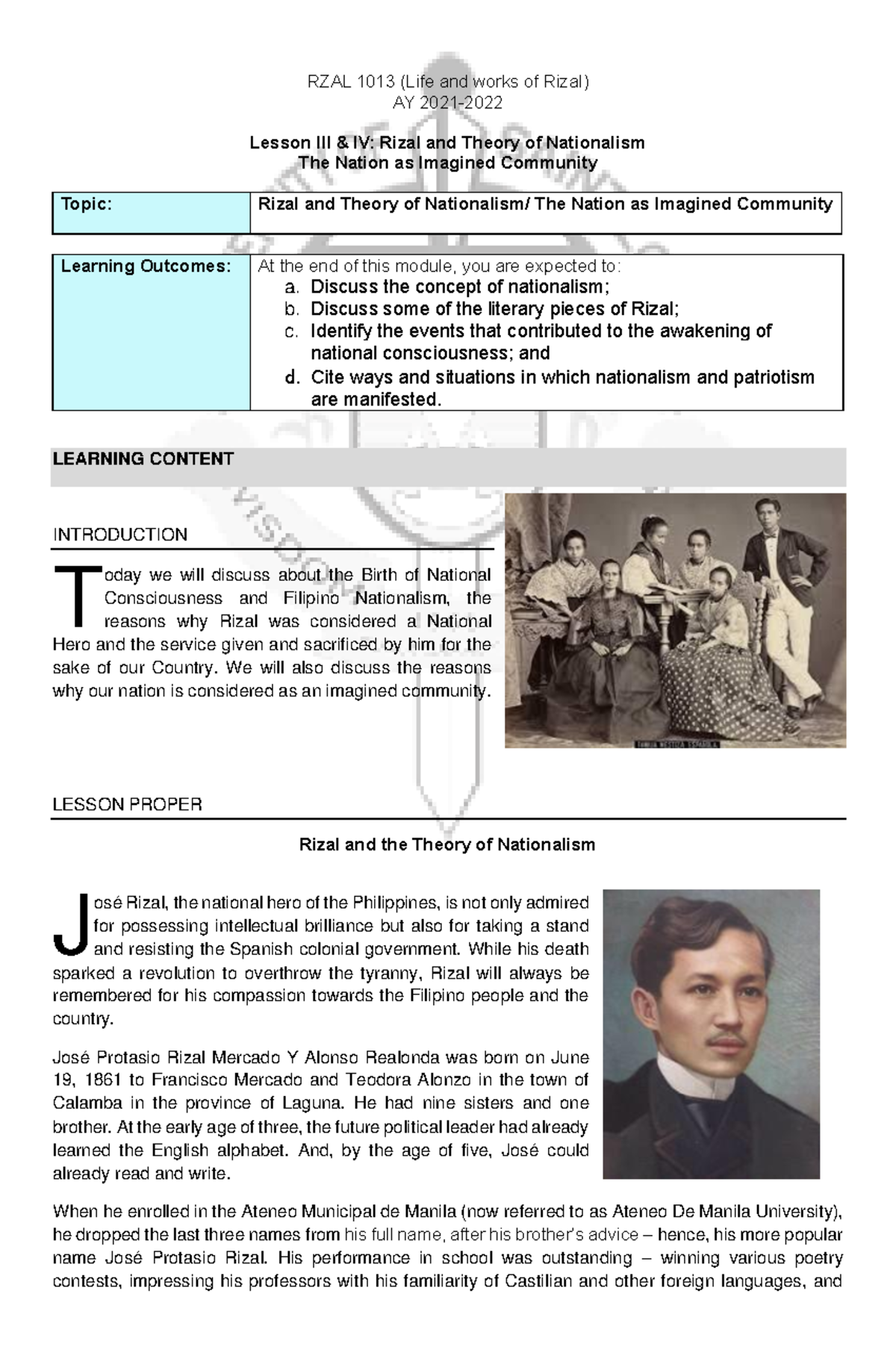 Module 2 IN PHYSICAL EDUCTION - RZAL 1013 (Life and works of Rizal) AY ...