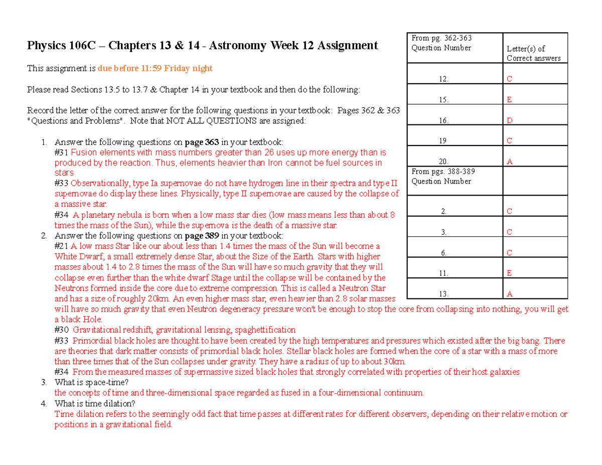 Assignment #12 - Physics 106C – Chapters 13 & 14 - Astronomy Week 12 Assignment This assignment ...