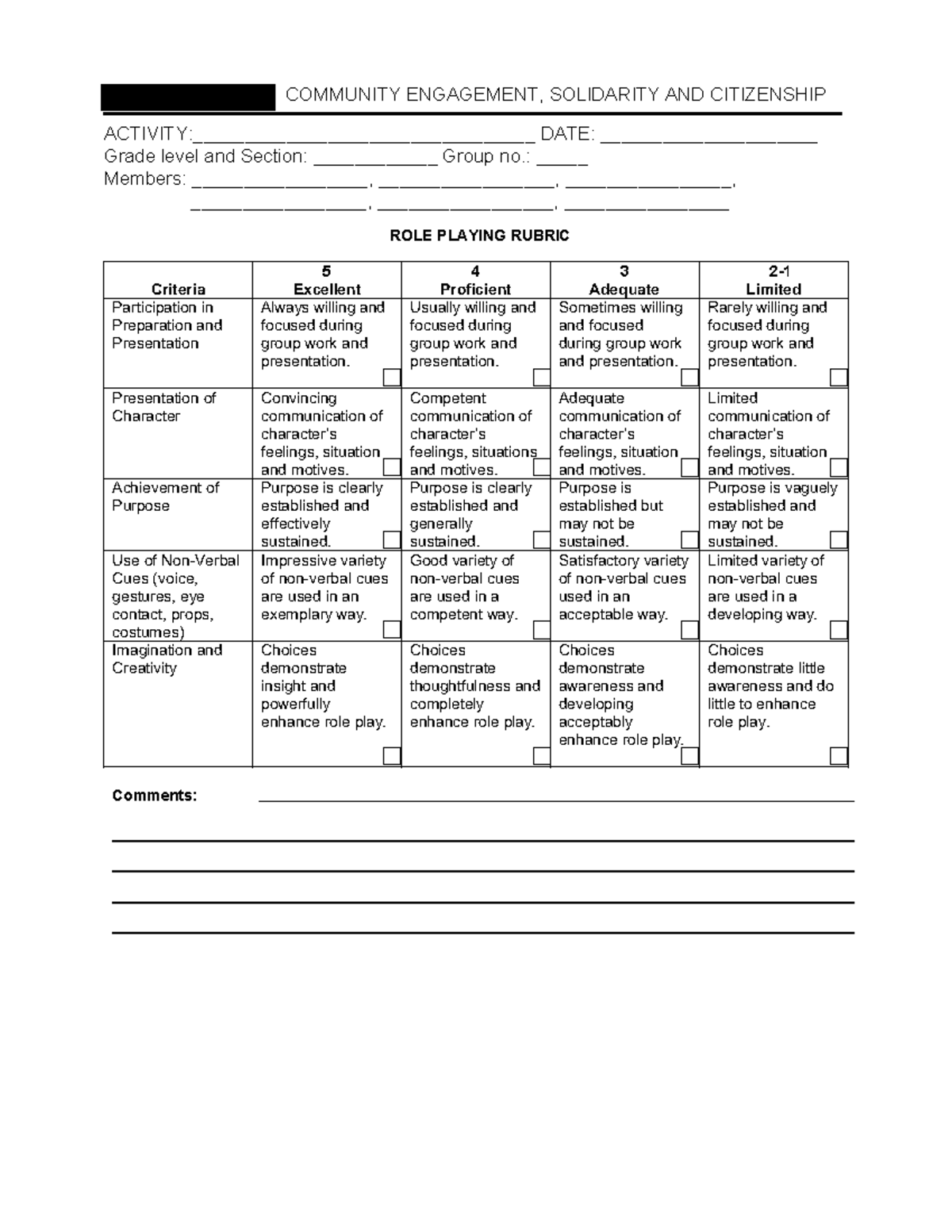 community engagement Roleplay rubric - ROLE PLAYING RUBRIC - Studocu