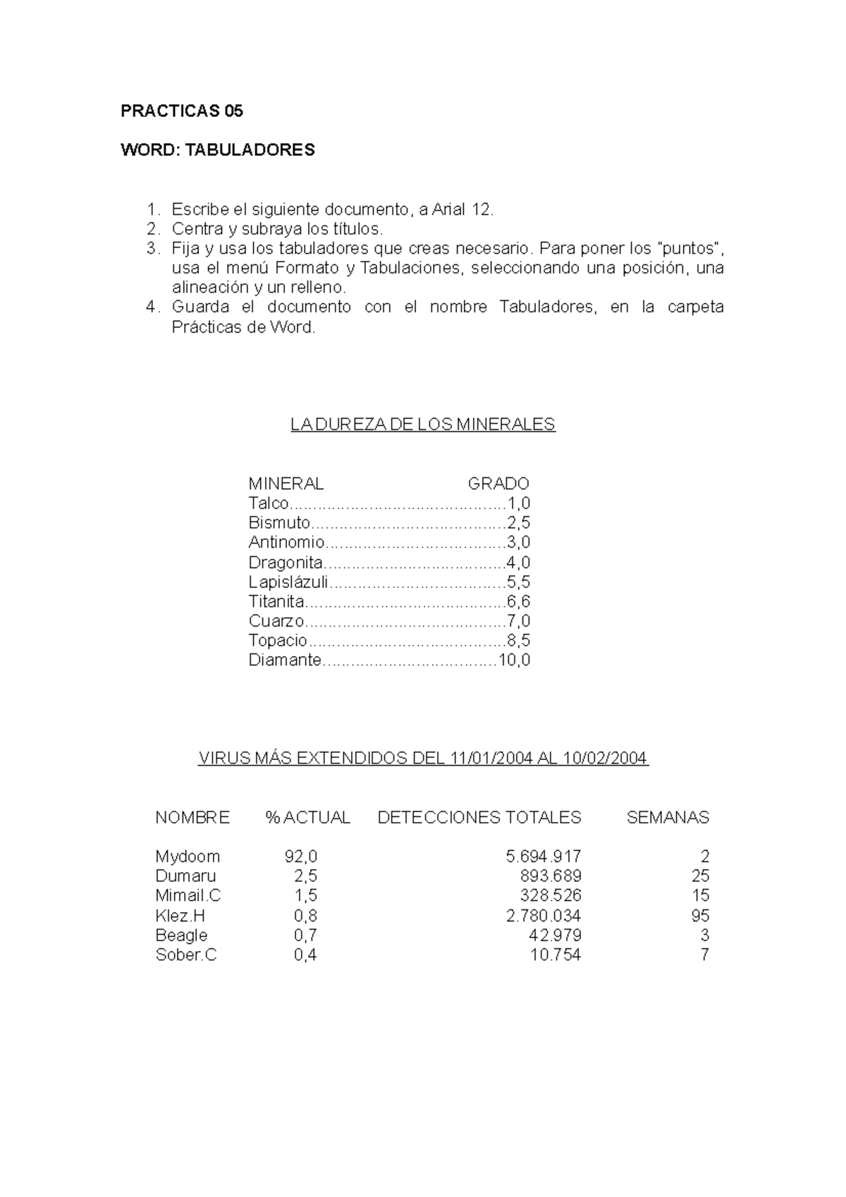 Practica 05 Tabuladores - PRACTICAS 05 WORD: TABULADORES Escribe el ...
