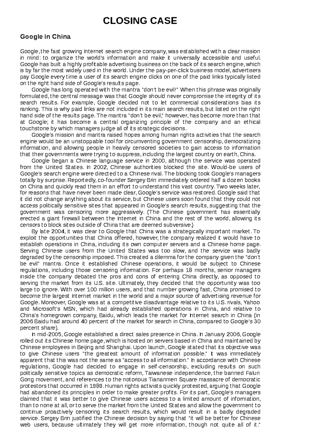 Ch - what - CLOSING CASE Google in China Google, the fast growing ...