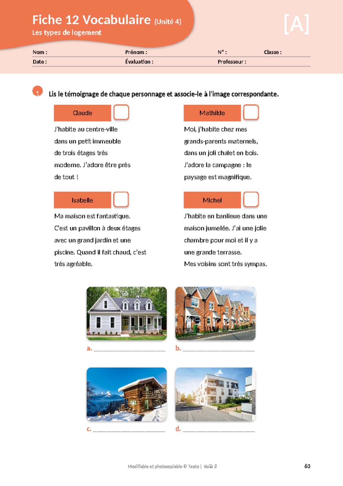 Fiche 12 Les types de logement - Fiche 12 Vocabulaire (Unité 4) Les ...