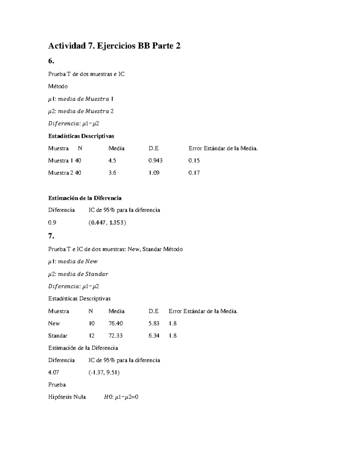 Actividad 7. Ejercicios BB Parte 2 - Actividad 7. Ejercicios BB Parte 2 6. Prueba T de dos ...