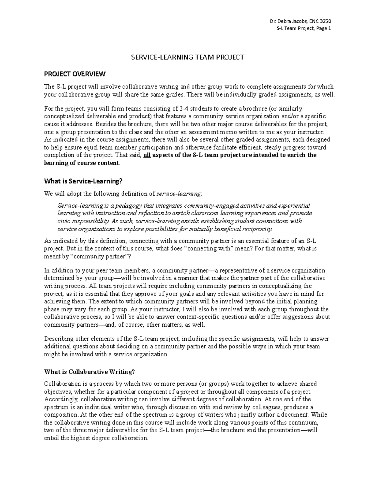 1Service-Learning Team Project - Dr. Debra Jacobs, ENC 3250 S-L Team ...