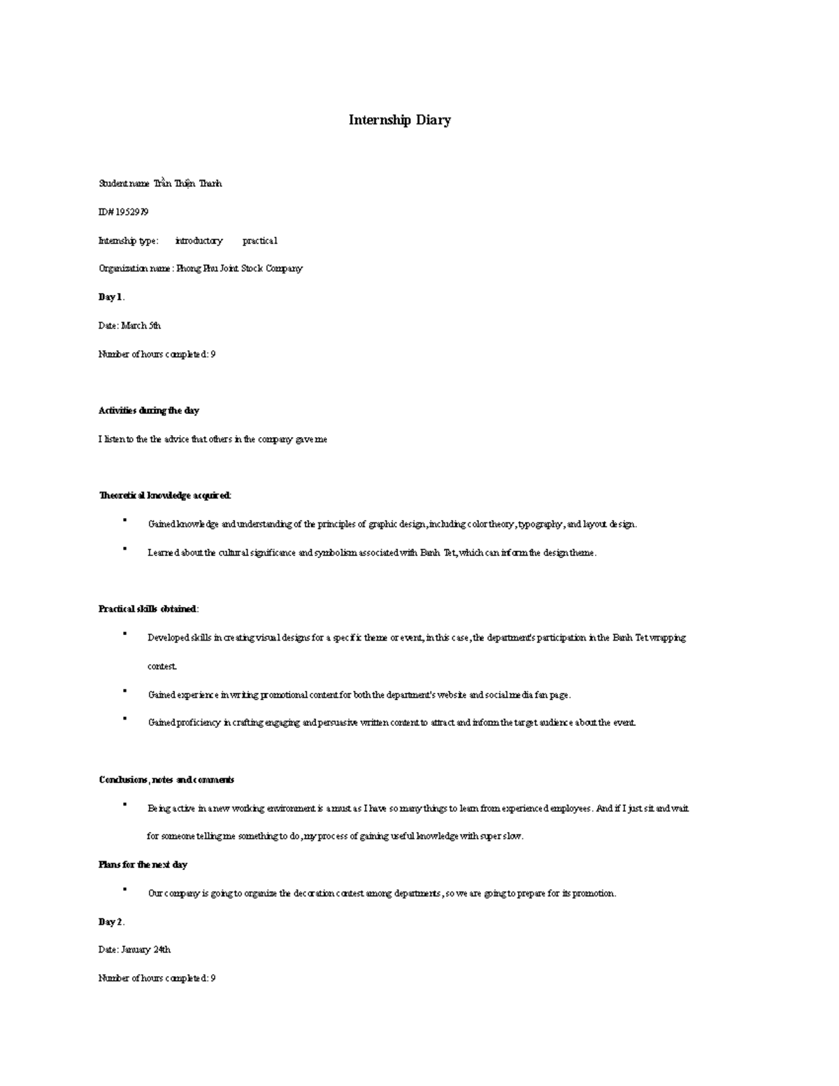 Internship Diary-week 5 - Internship Diary Student name Trần Thiện ...