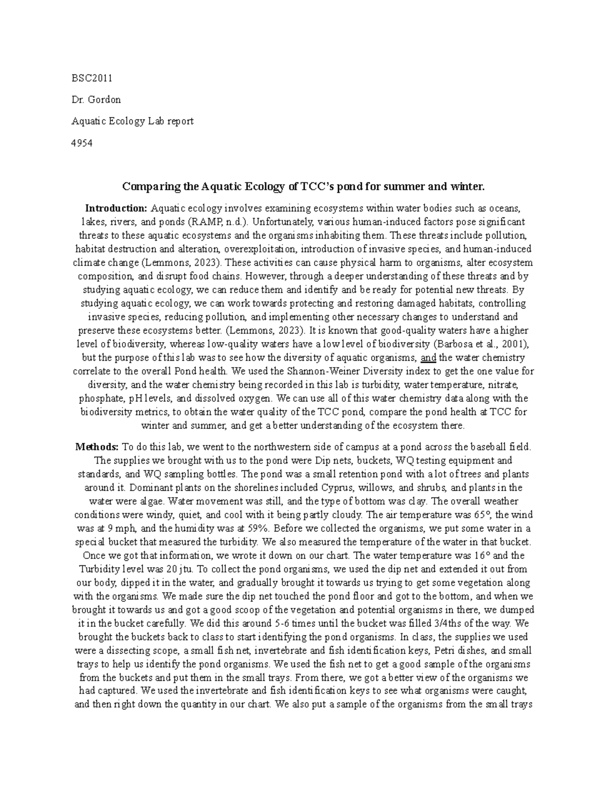 LAb report ecology - BSC Dr. Gordon Aquatic Ecology Lab report 4954 ...