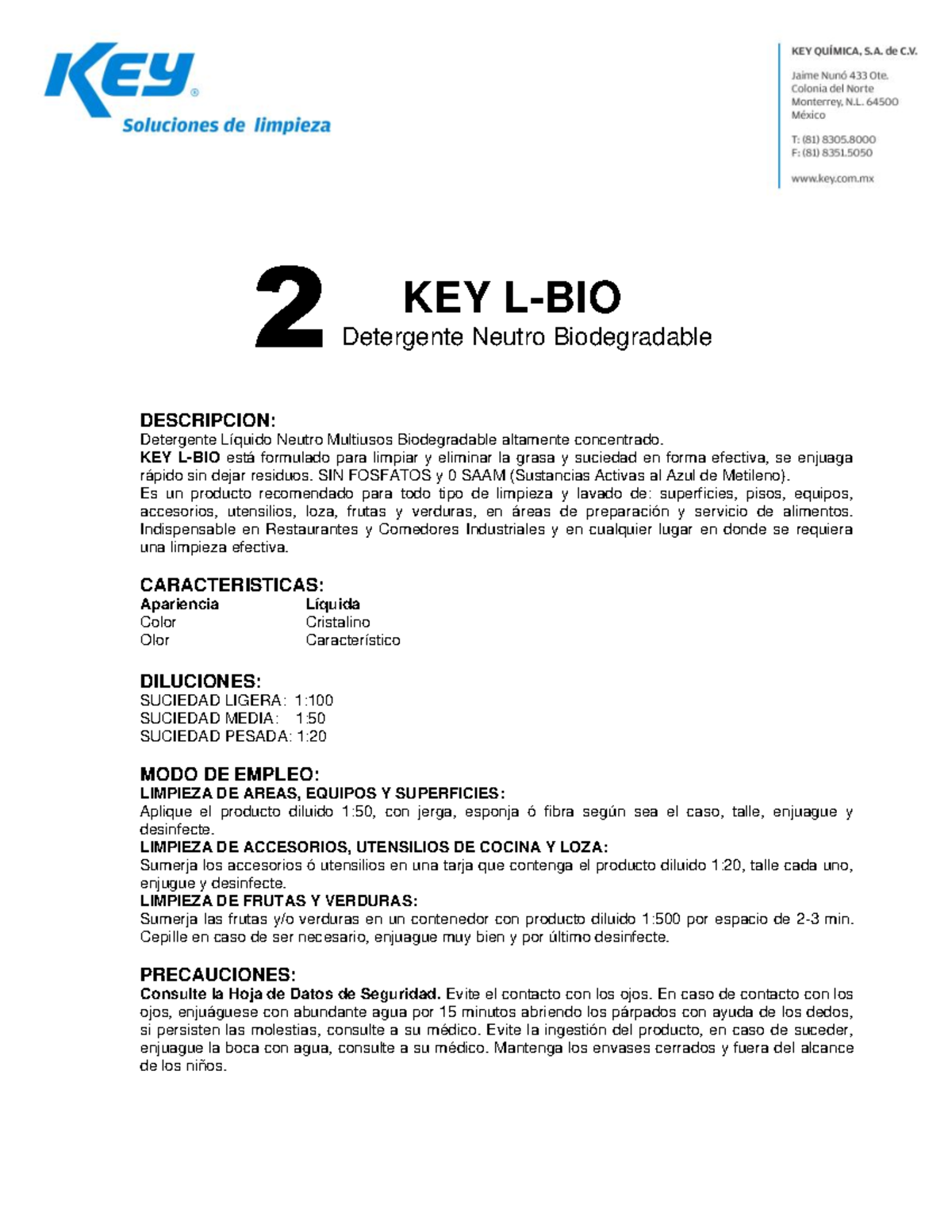 KEY L-BIO - Hoja de Seguridad - 2 KEY L-BIO Detergente Neutro ...