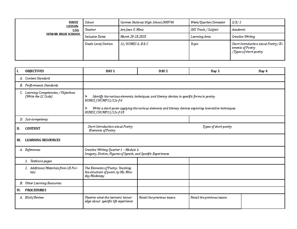 Final DLL-C - Lesson Plan - DAILY LESSON LOG SENIOR HIGH SCHOOL School ...