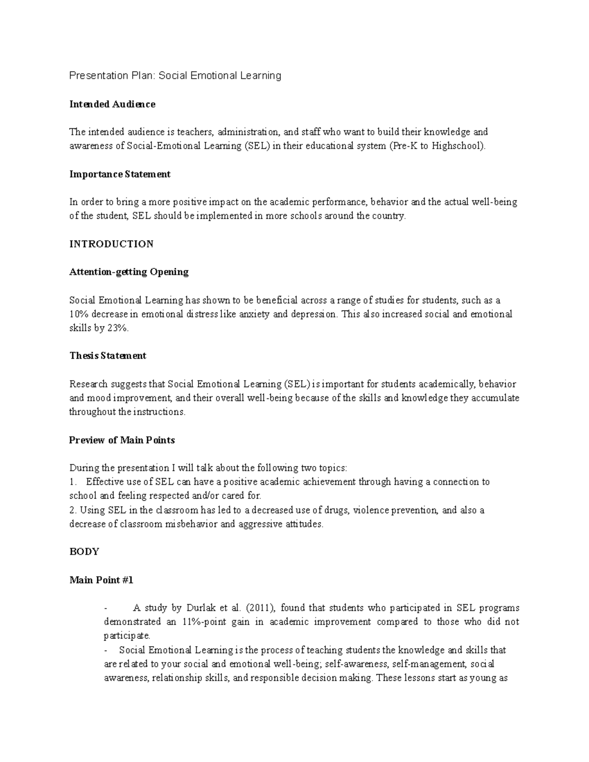 Presentation Plan SEL-2 - Presentation Plan: Social Emotional Learning ...