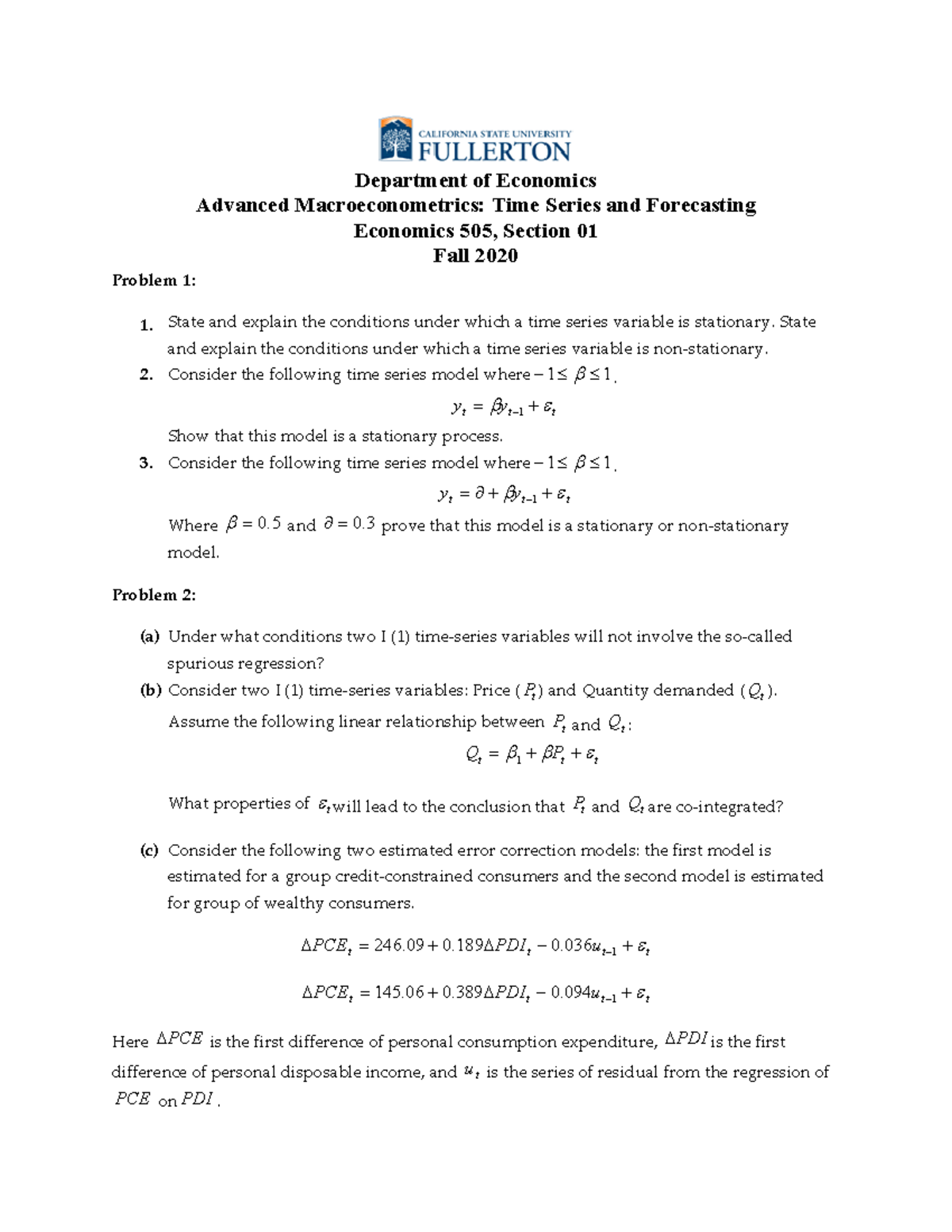 Econ 505 midterm Fall 2020 - Advanced Macroeconometrics: Time Series ...