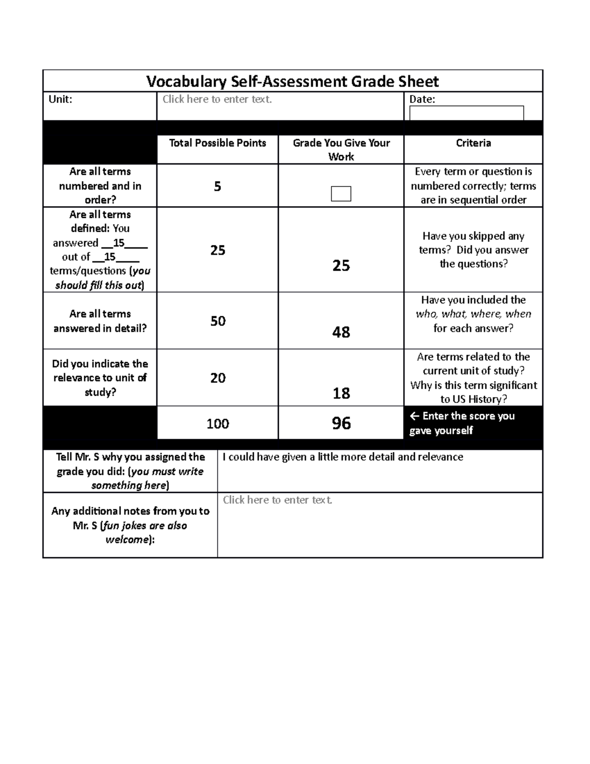 Expansion - Vocabulary Self-Assessment Grade Sheet Unit: Click here to ...