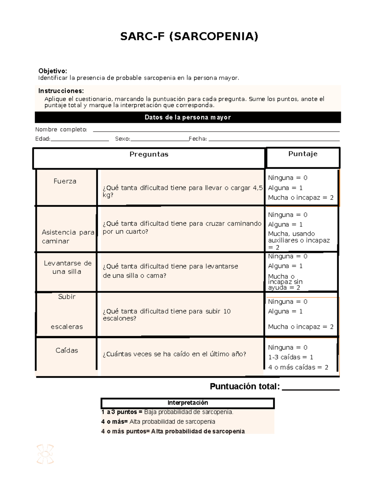 SARC-F (sarcopenia) - Pauta evaluación adulto mayor - Objetivo ...