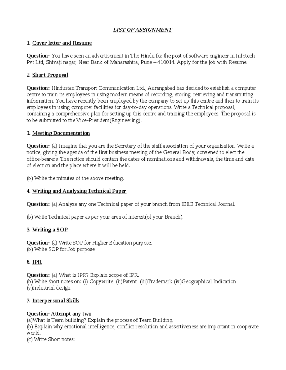 List Of Assignment new - questions - LIST OF ASSIGNMENT Cover letter ...