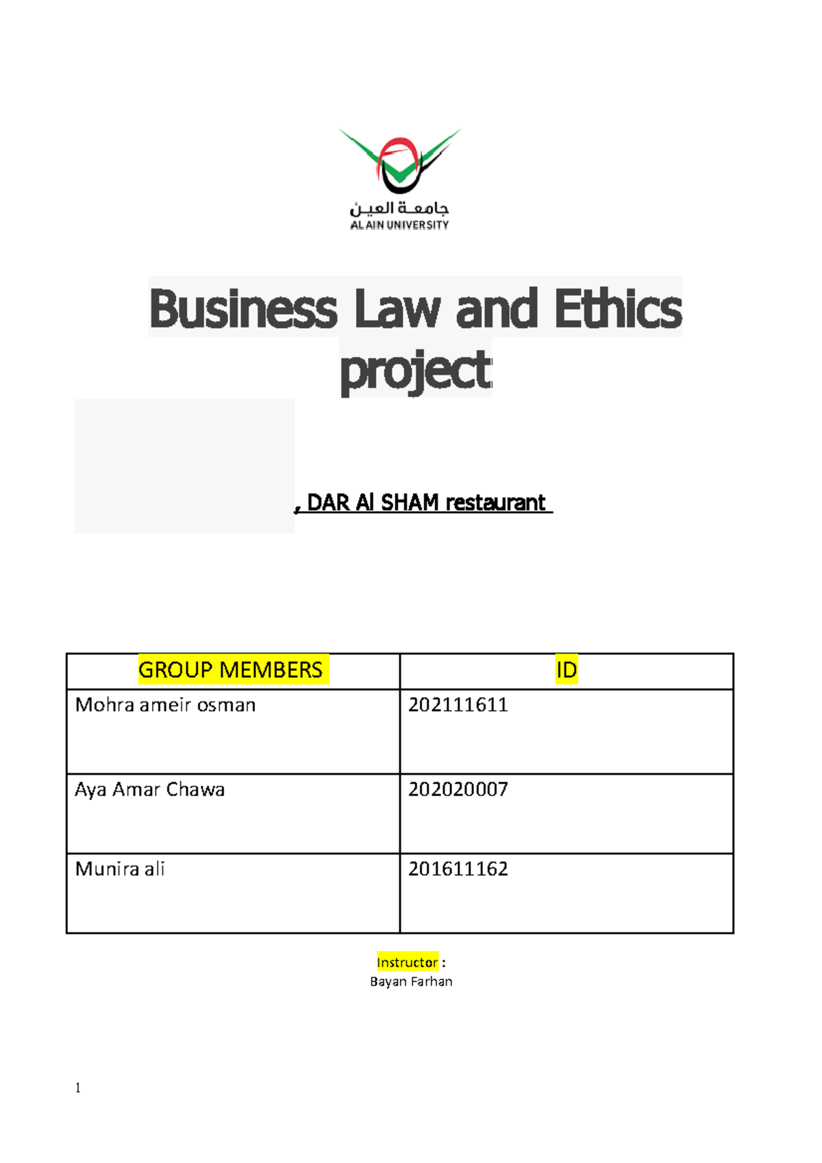 Business Law and Ethics (1) - Business Law and Ethics project , DAR Al ...