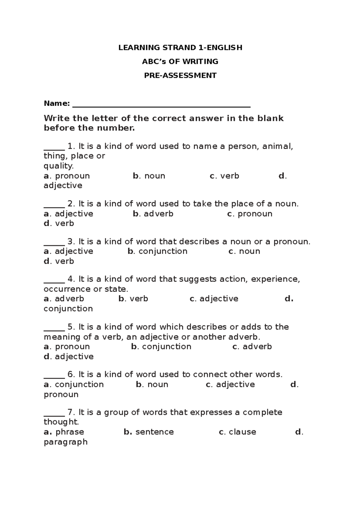 Ls1-pretest - This is for out of school youth. - LEARNING STRAND 1 ...