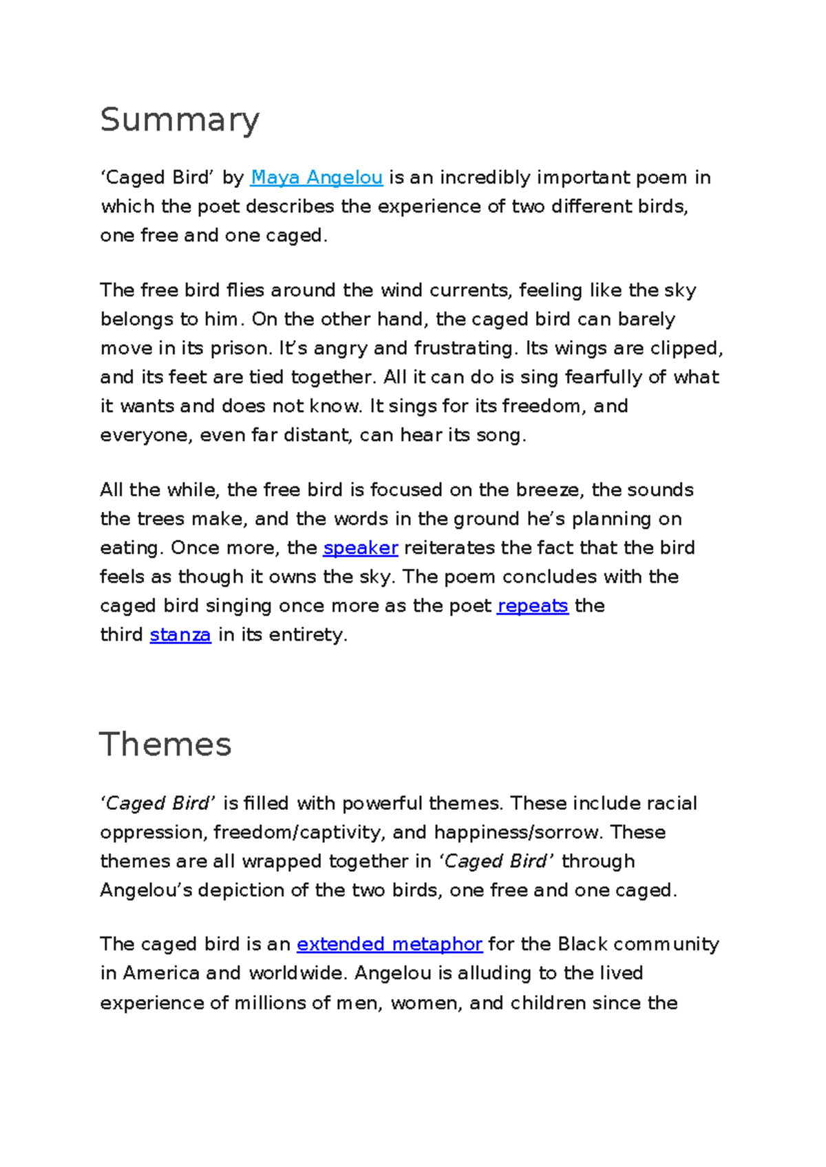 Caged BIRD - Summary ‘Caged Bird’ by Maya Angelou is an incredibly ...