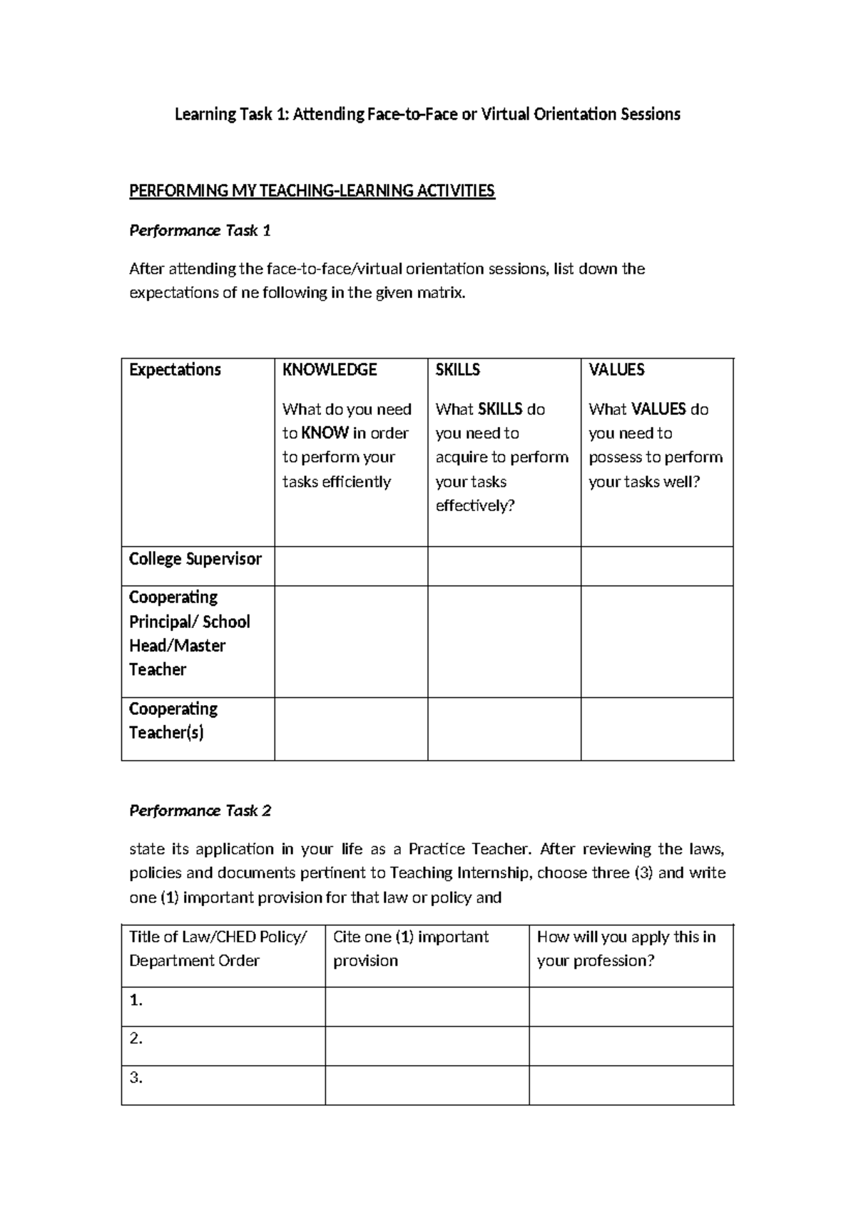 Learning Task 1 - STUDY - Learning Task 1: Attending Face-to-Face or Virtual Orientation ...