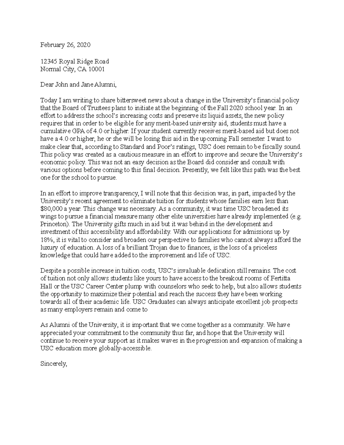 340 Business Letter Grade A February 26 2020 12345 Royal Ridge