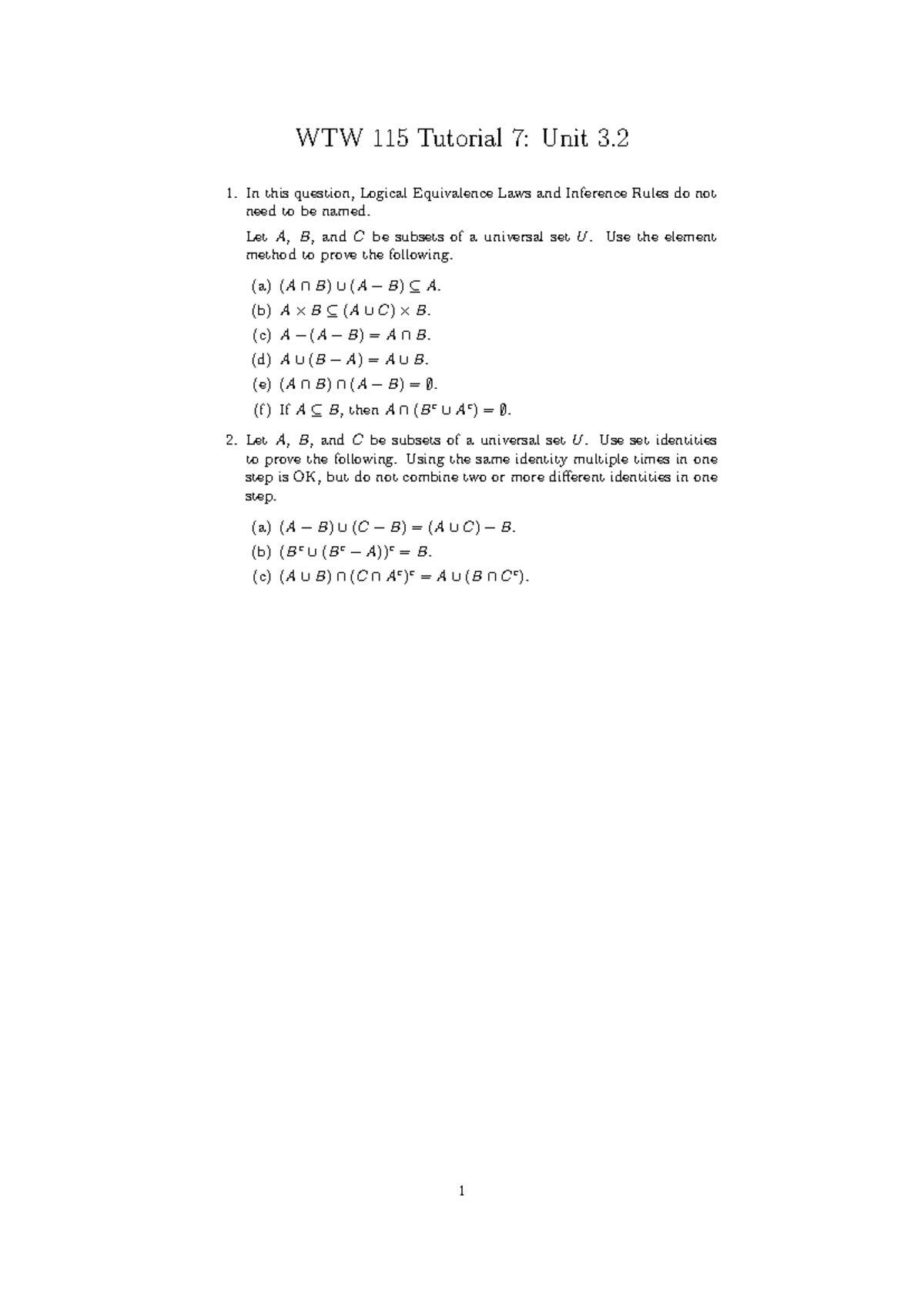 Tutorial 07 - tut - WTW 115 Tutorial 7: Unit 3. In this question ...