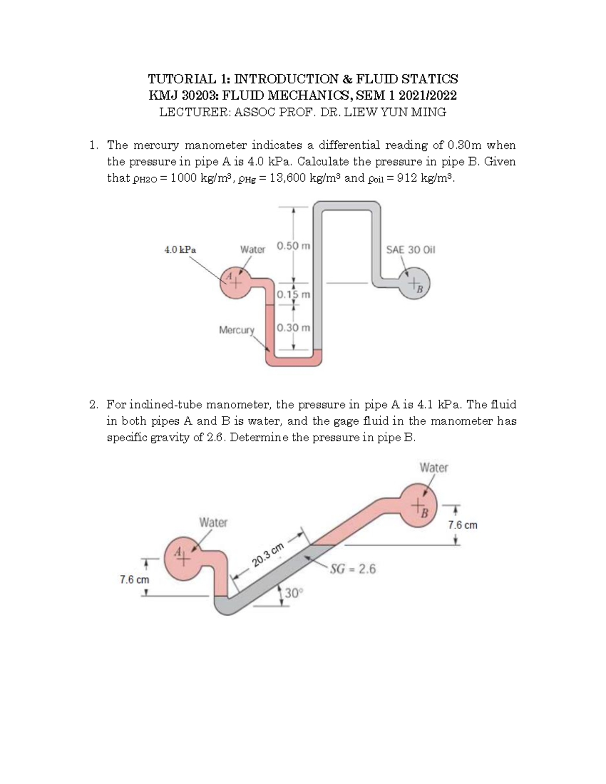 Tutorial 1 Introduction And Fluid Statics Tutorial 1 Introduction And Fluid Statics Kmj 30203