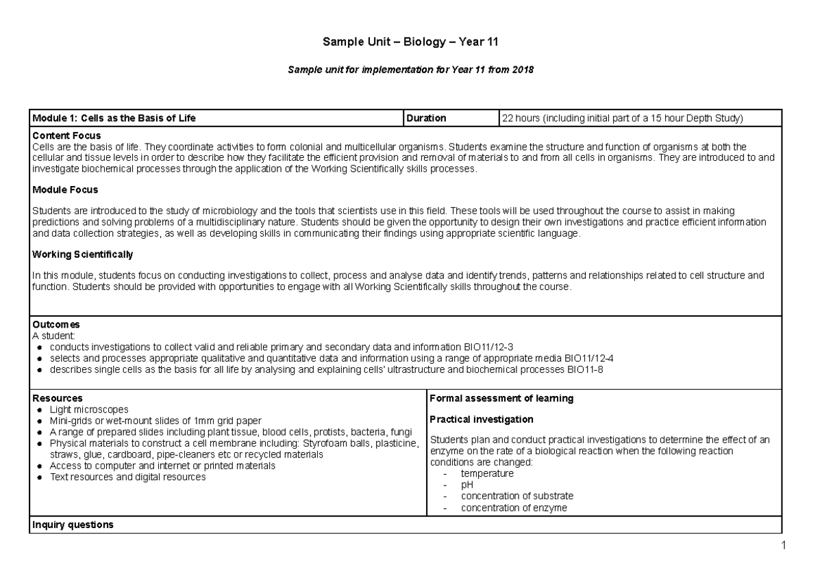Biology stage 6 year 11 sample unit module 1 cells as the basis of life ...
