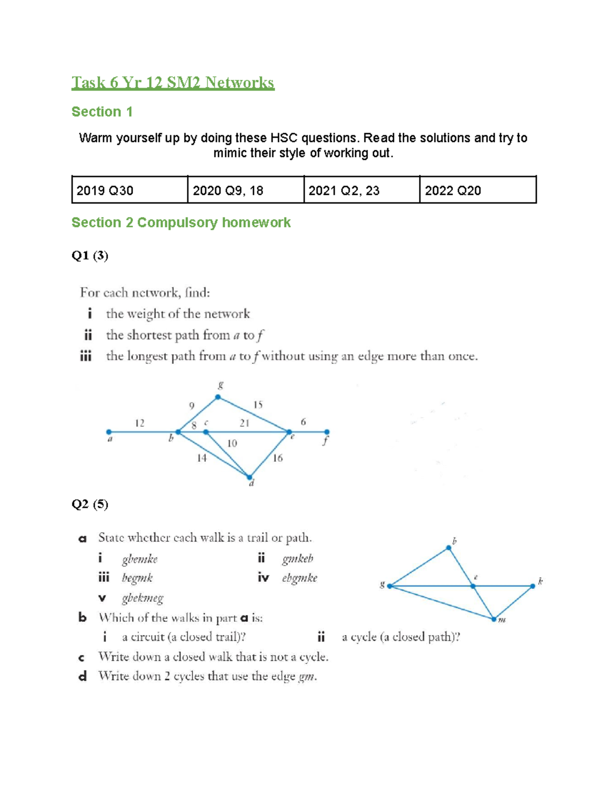 Networks Maths Standard - Task 6 Yr 12 SM2 Networks Section 1 Warm ...