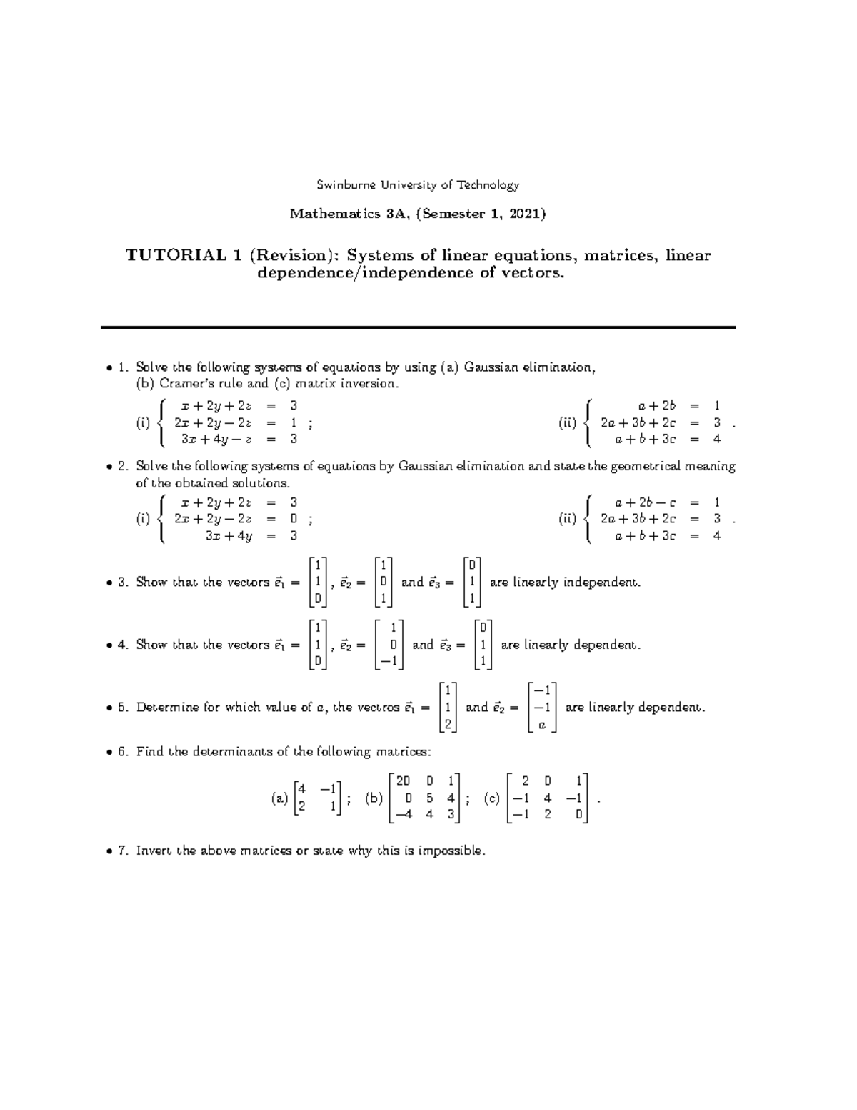 Tutorial Mathematics 3A (Semester 1) - MTH20010 - Swinburne - Studocu