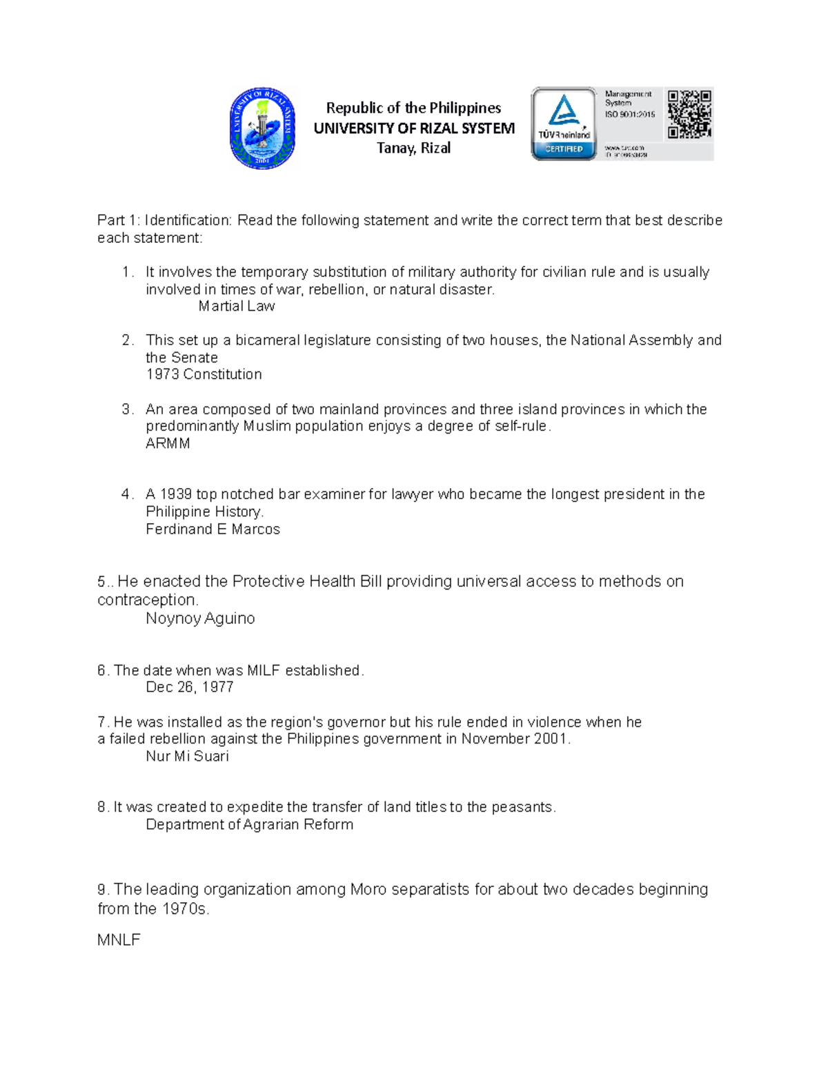 RPH Pointers to Review - Republic of the Philippines UNIVERSITY OF ...