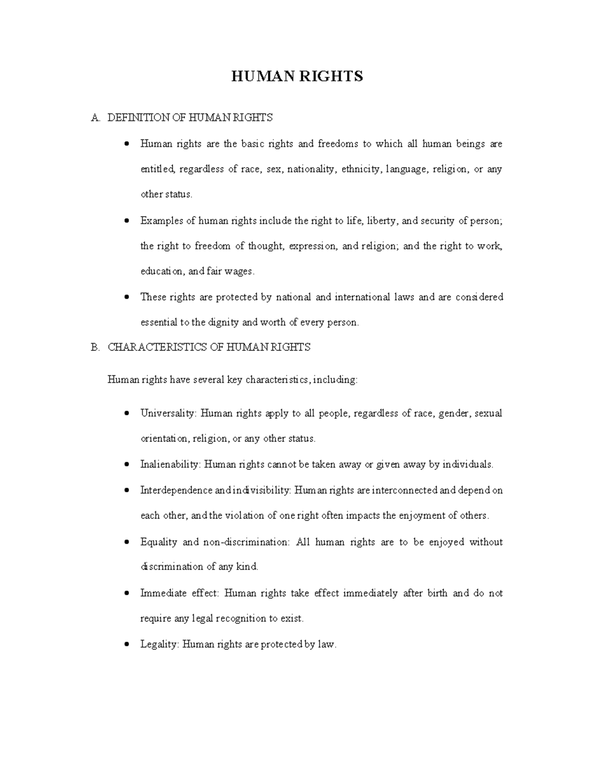 Human Rights - HUMAN RIGHTS A. DEFINITION OF HUMAN RIGHTS Human rights ...