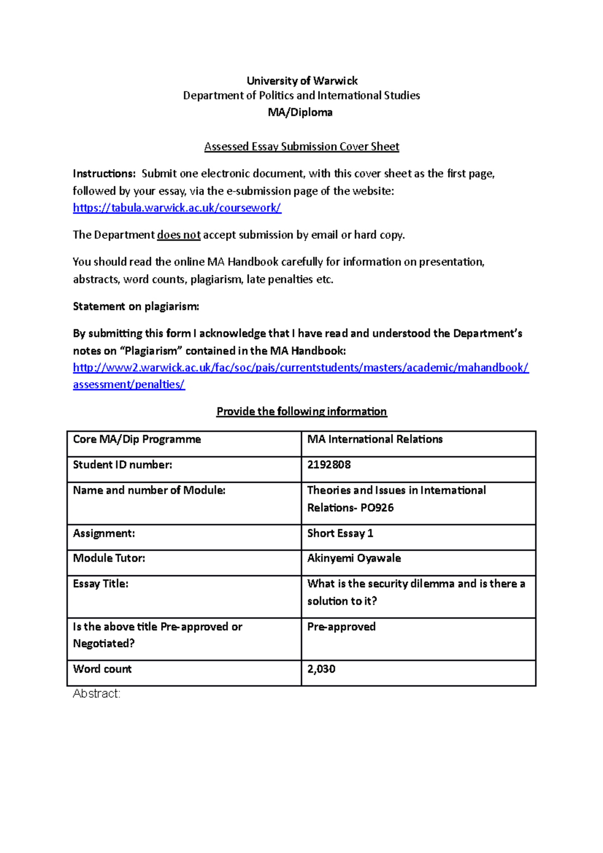 Assessed essay submission cover sheet - University of Warwick ...
