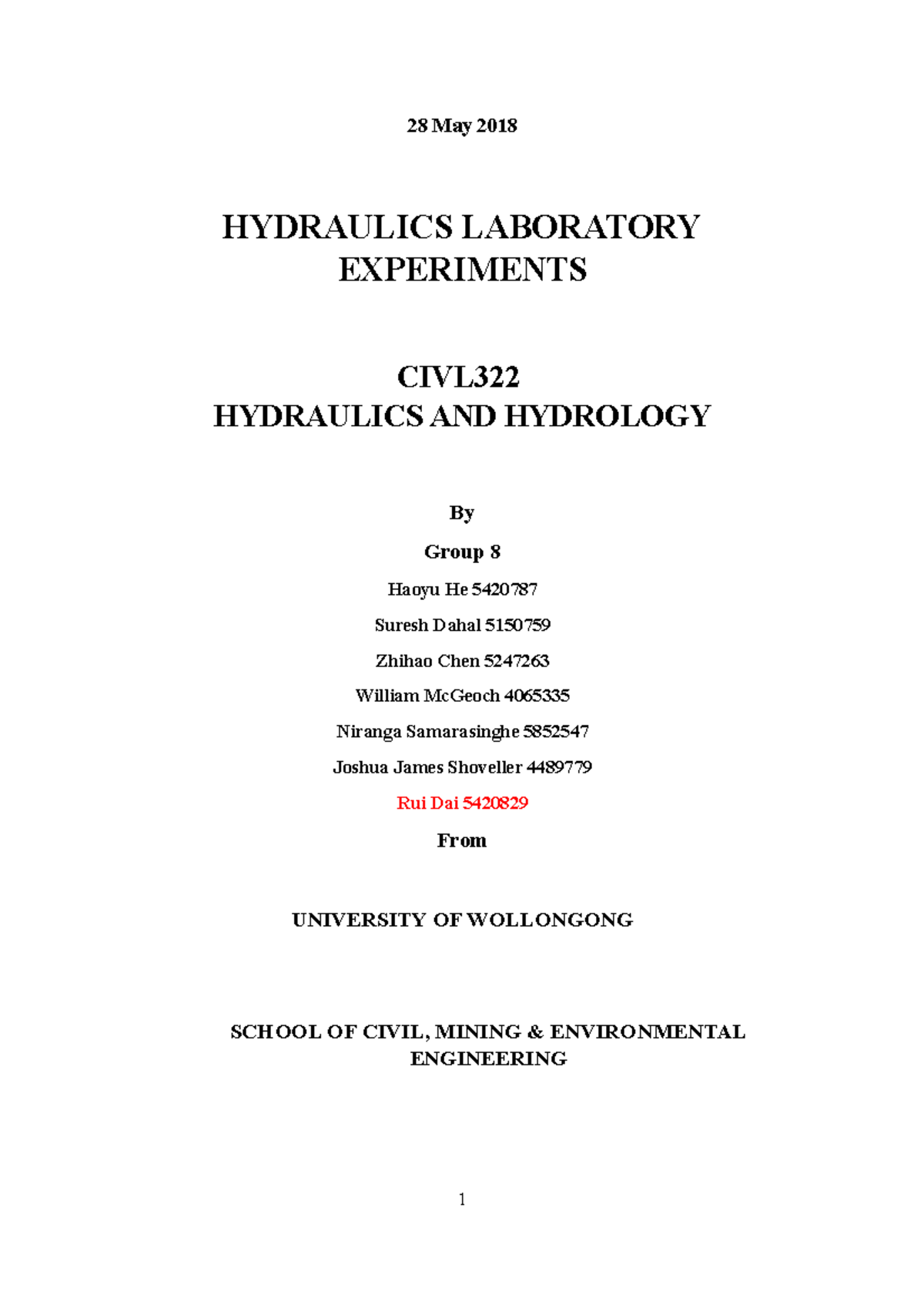 CIVL322 LAB - 28 May 2018 HYDRAULICS LABORATORY EXPERIMENTS CIVL322 ...