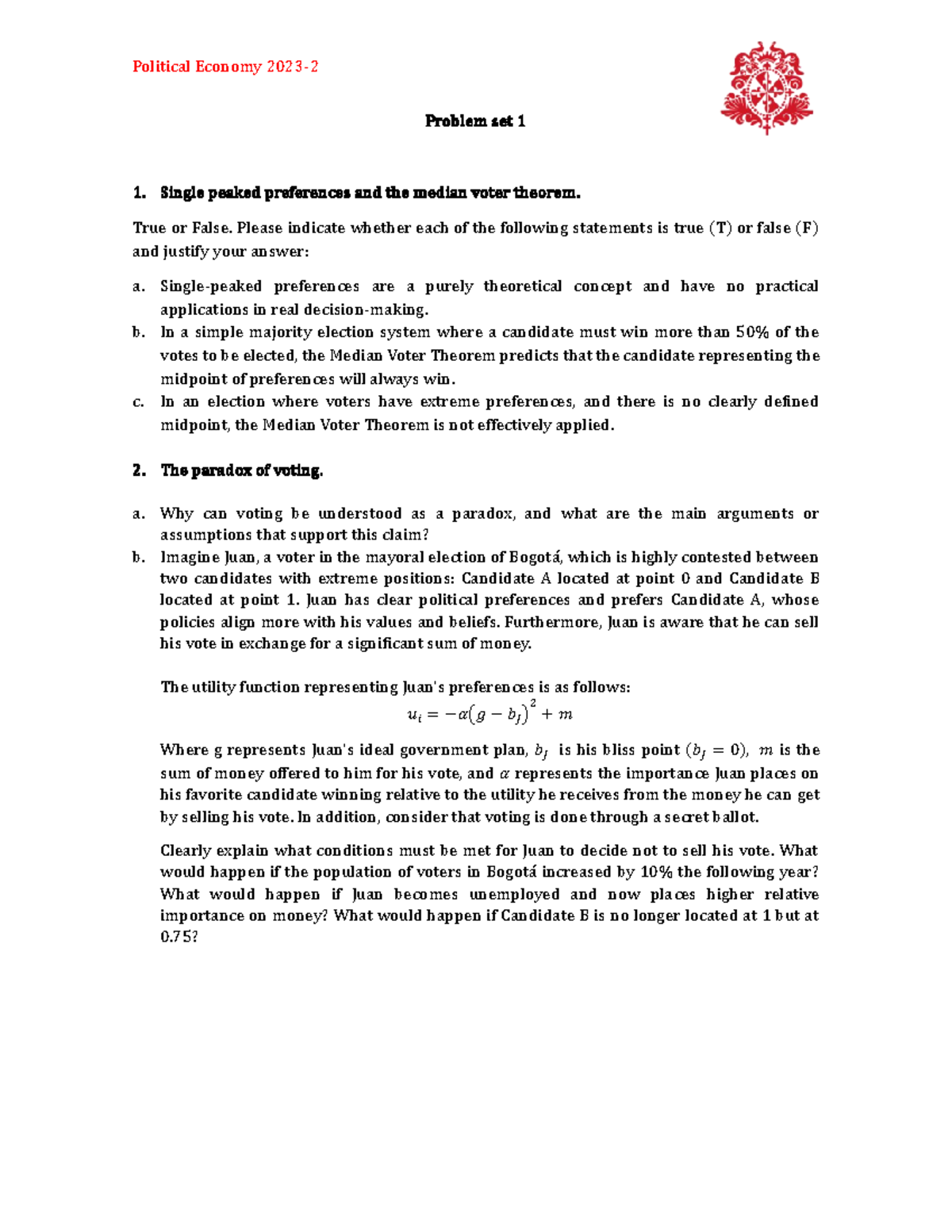 Problem set economía política - Political Economy 2023 - 2 Problem set 1 Single peaked ...