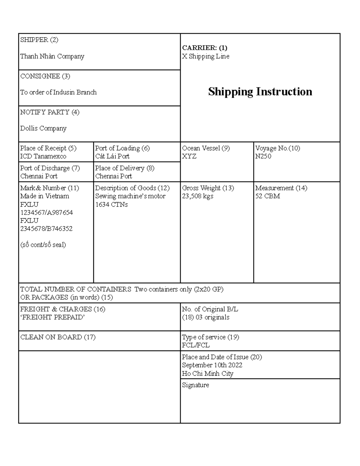 Form Shipping intruction - SHIPPER (2) Thanh Nhàn Company CARRIER: (1 ...