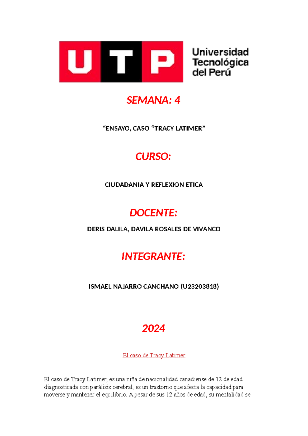 El caso de Tracy Latimer, Alumno.Ismael Najarro - SEMANA: 4 “ENSAYO ...