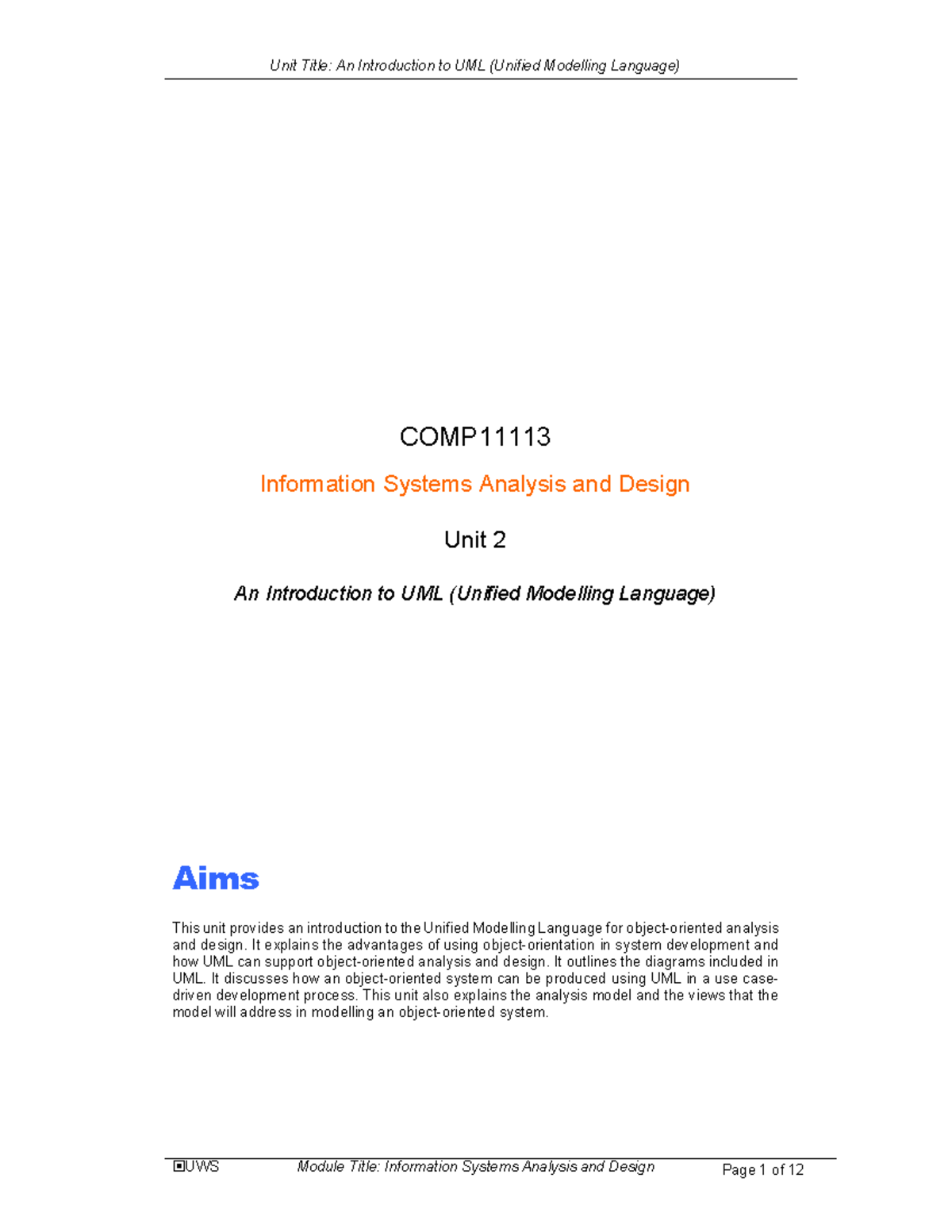 ISAD Unit2 - COMP11113 Information Systems Analysis and Design Unit 2 - COMP Information Systems ...
