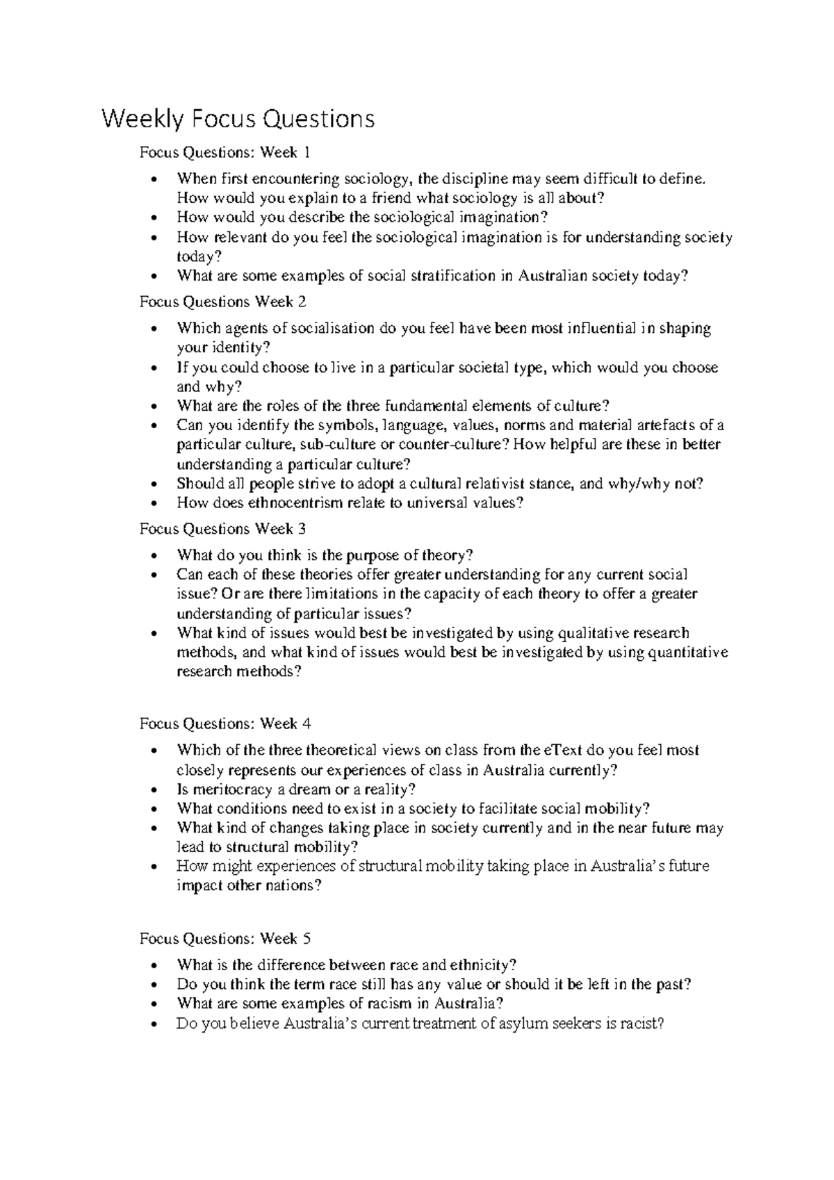 Weekly Focus Questions - Weekly Focus Questions Focus Questions: Week 1 ...