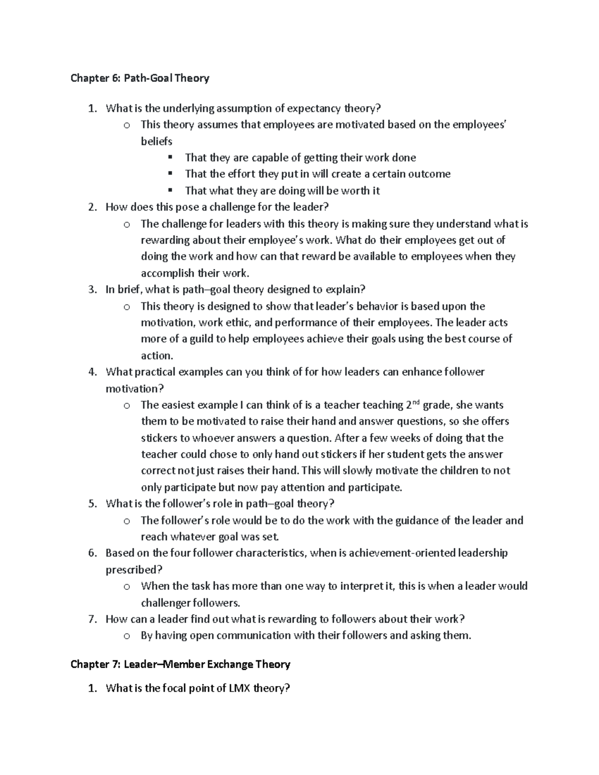 Leadership Study Notes Chapters 6-11 - Chapter 6: Path-Goal Theory What ...