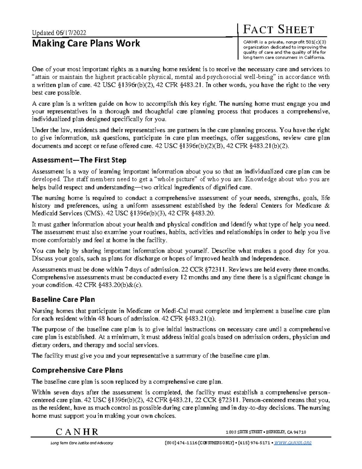 FS Making Care Plans Work - C A N H R 1803 SIXTH STREET • BERKELEY, CA ...